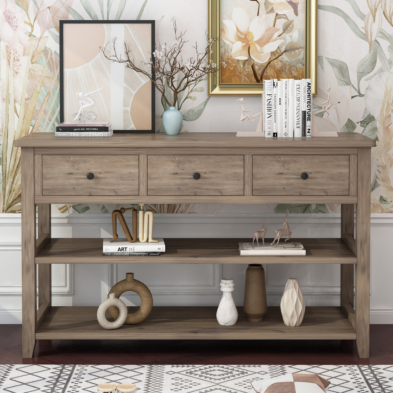 Lark Manor™ Nibbi 47" Console Table with Wood Frame and Legs, 3 Drawers and 2 Open Shelves Gray ...